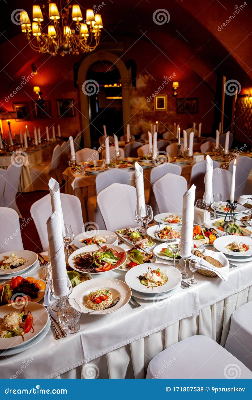 Table with Food before the Banquet. Ready for Guests Hall Stock Photo ...