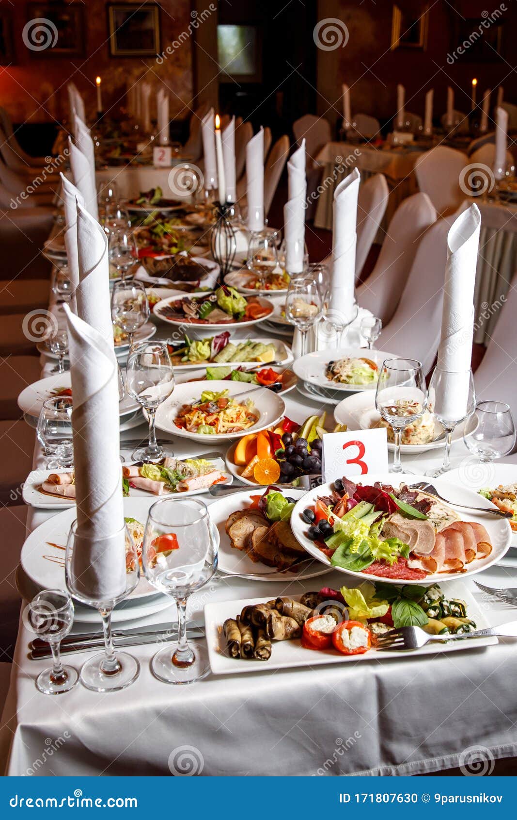 Table with Food before the Banquet. Ready for Guests Hall Stock Photo ...