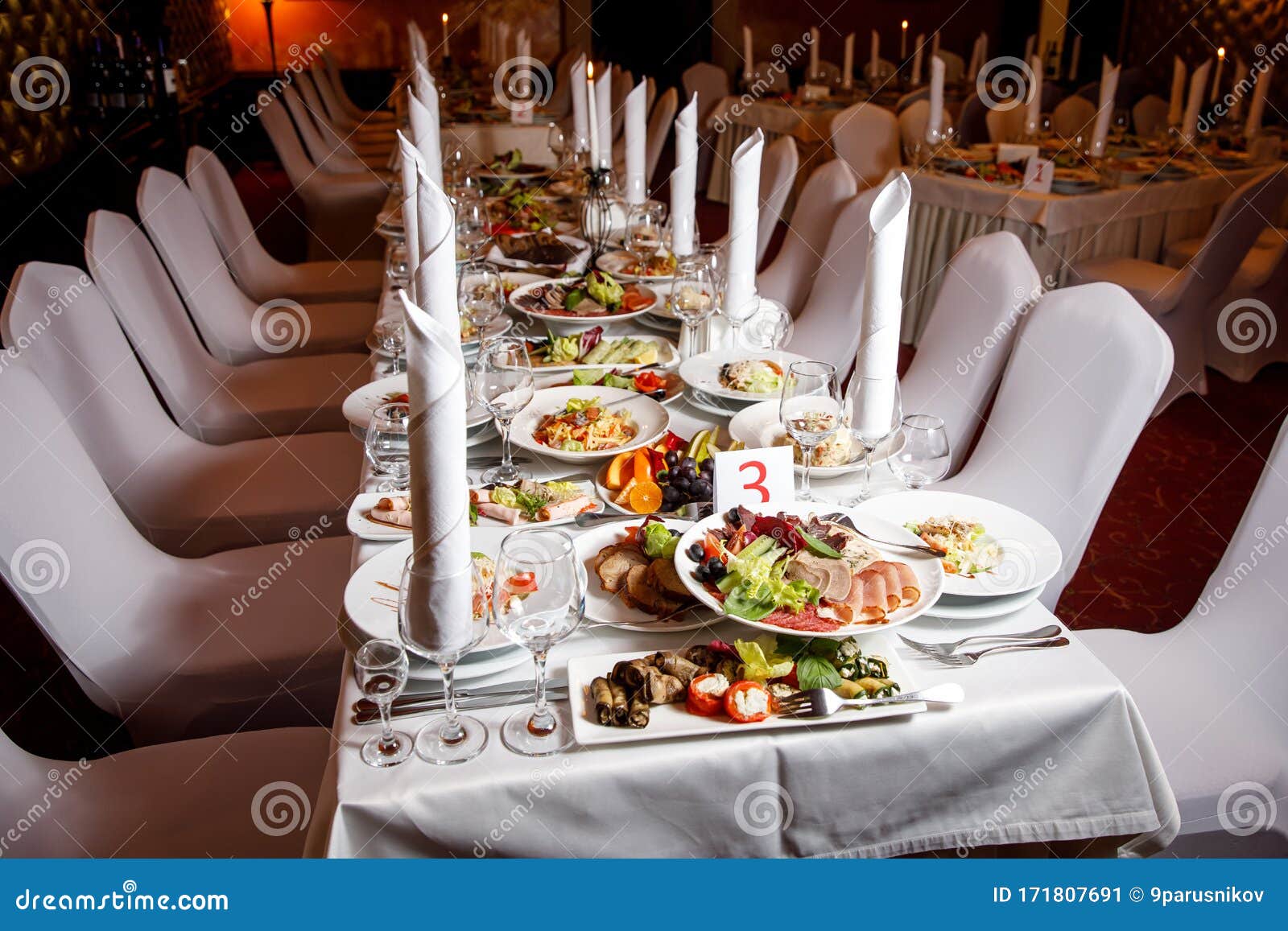 Table with Food before the Banquet. Ready for Guests Hall Stock Image ...