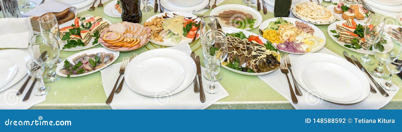 Table with Food in a Restaurant. Different Dishes on the Table. Festive ...