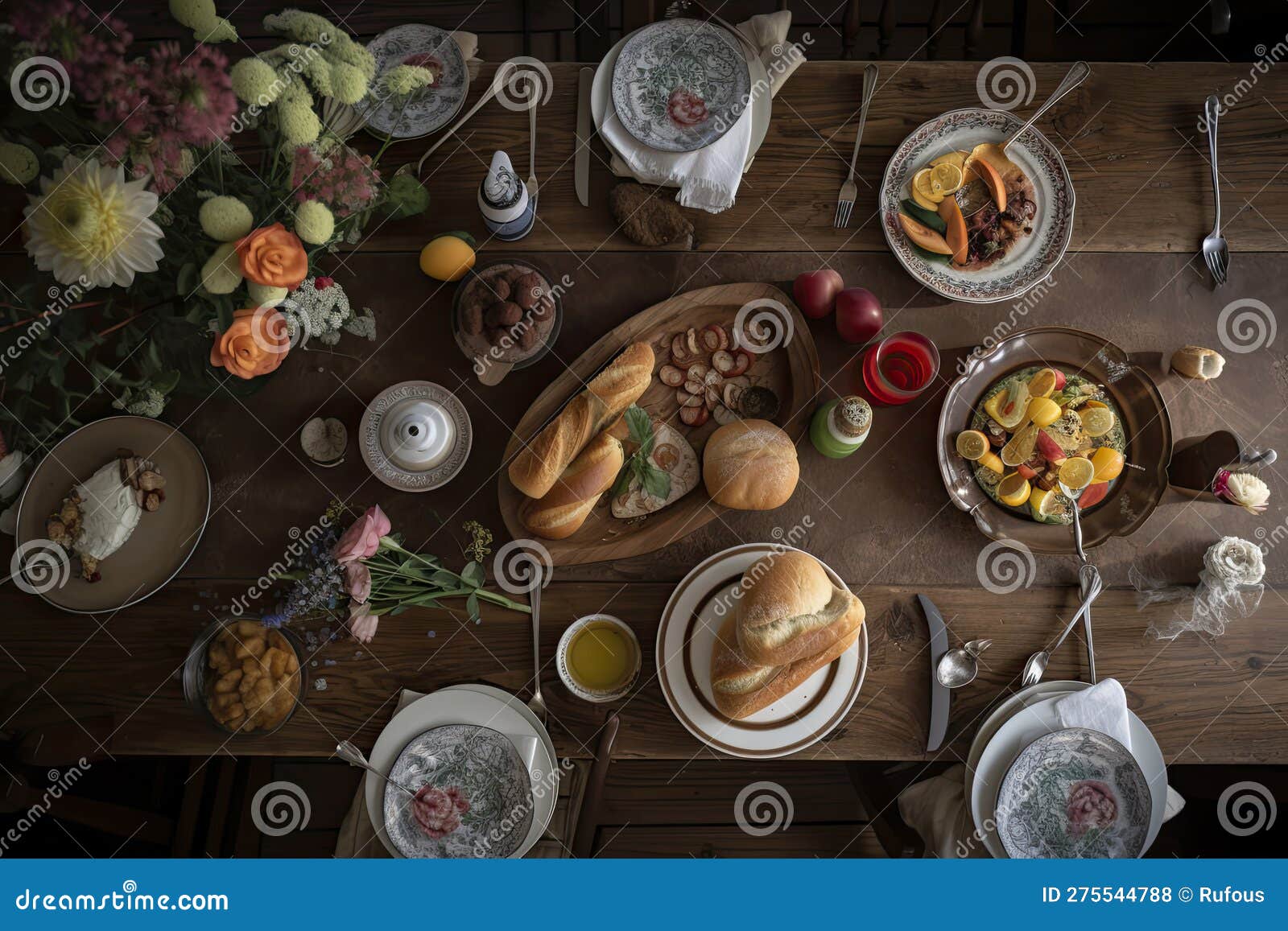Table with food, top view stock photo. Image of alcohol - 275544788