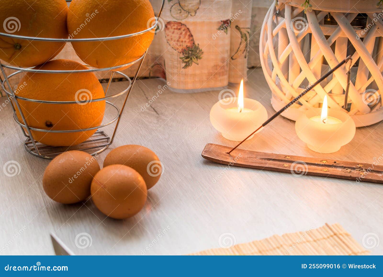Table with Foods for Preparing Breakfast and Two Little Candles Stock ...