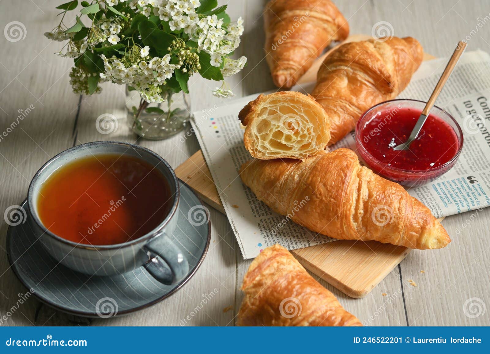 Table with Fresh Baked Croissant and Tea Stock Image - Image of ...