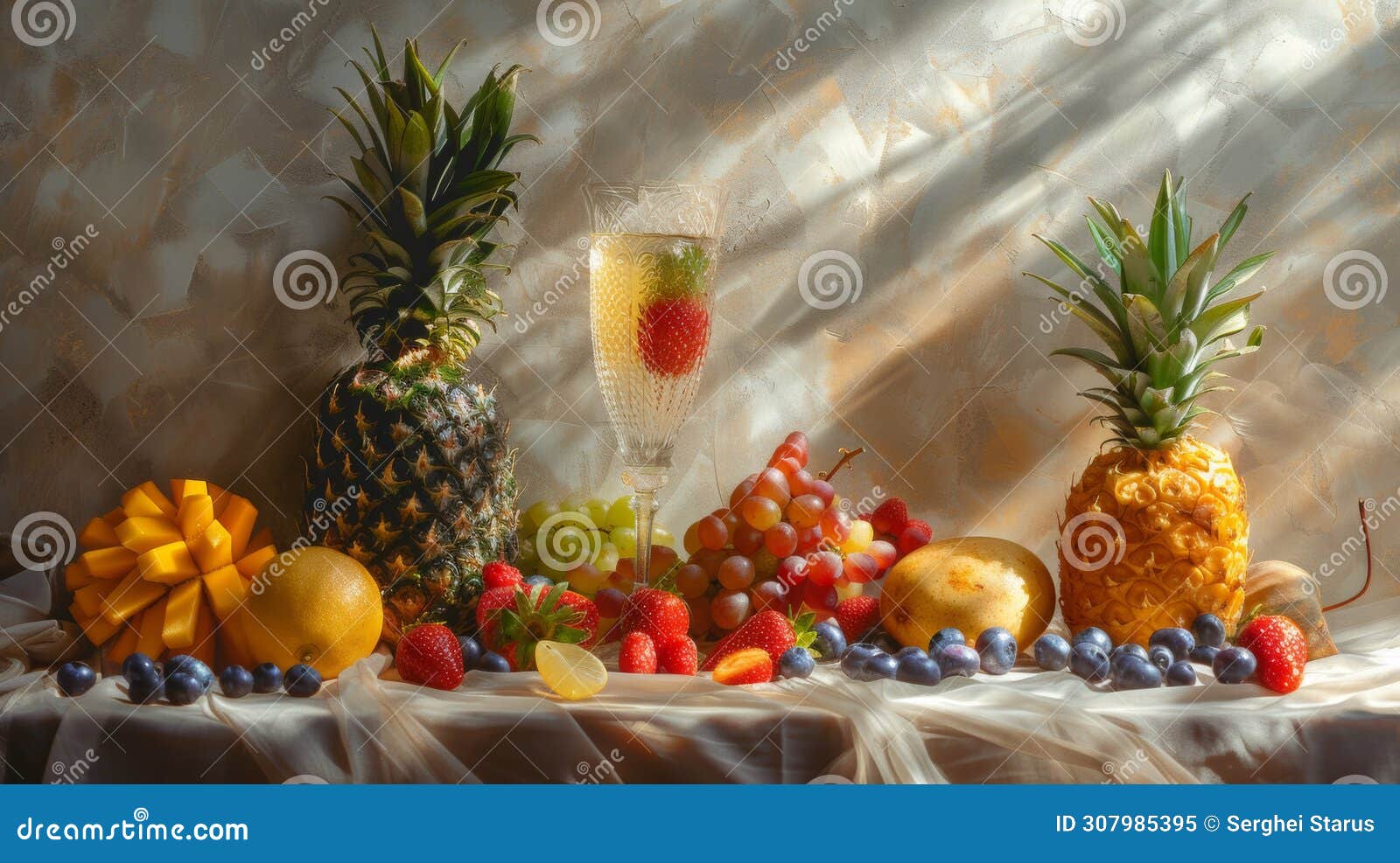 A Table with Fruit and Champagne on it, Including Pineapple, AI Stock ...