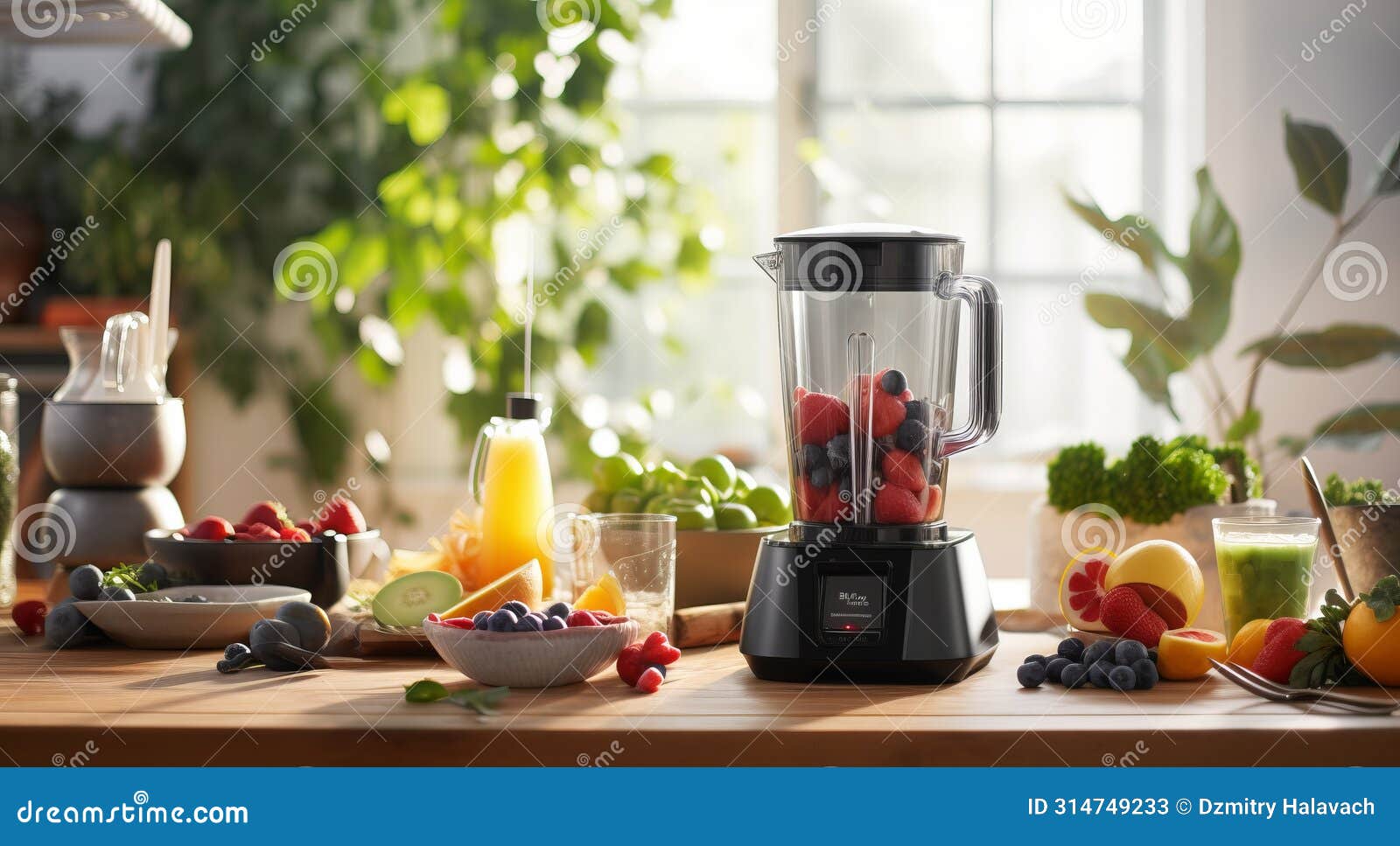 Table with Fruits and Vegetables with a Blender. Healthy Eating Stock ...