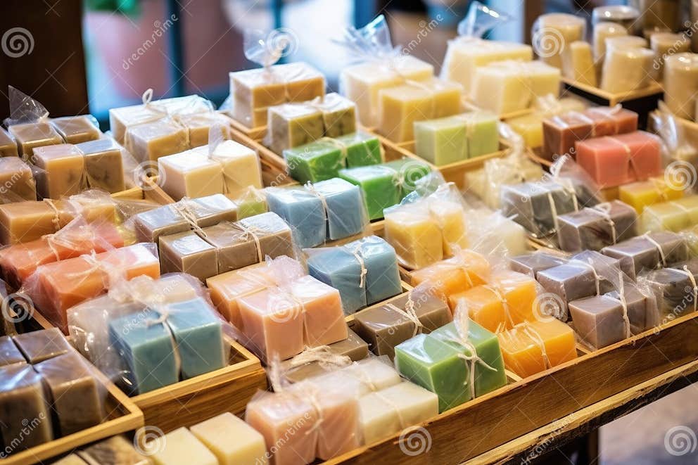 A Table Full of Artisanal Soaps Wrapped in Paper Stock Photo - Image of ...