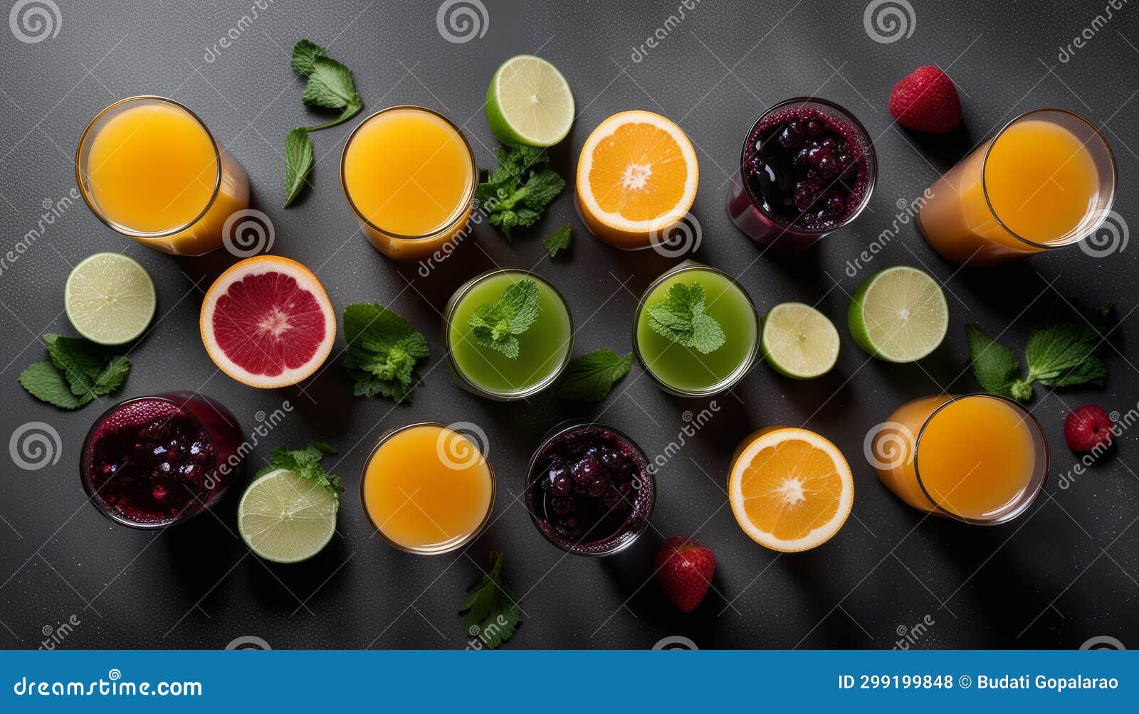 A Table Full of Different Types of Juice and Fruits Stock Illustration ...
