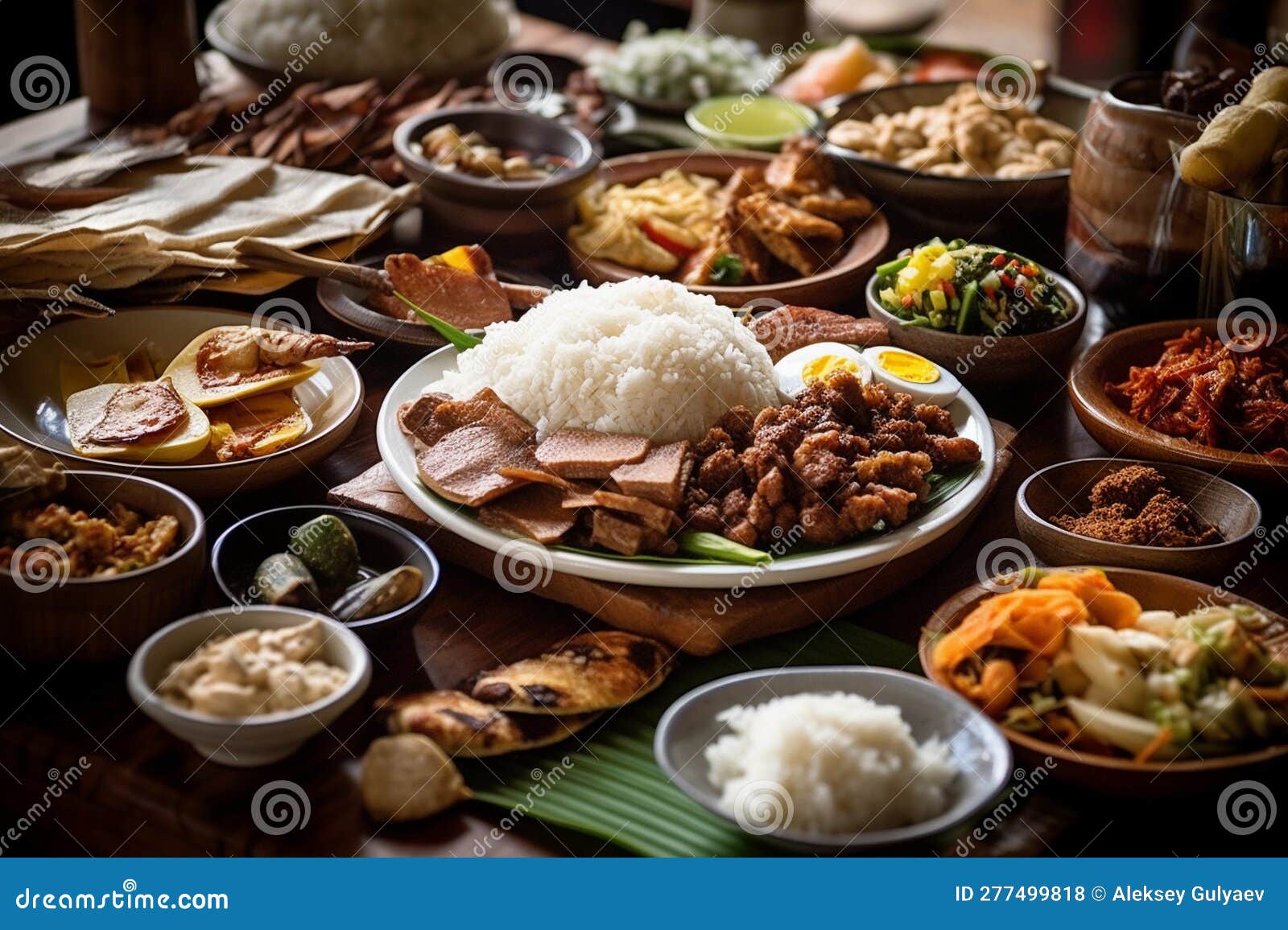 A Table Full of Food Including Rice, Pork, Pork, and Other Food. AI ...