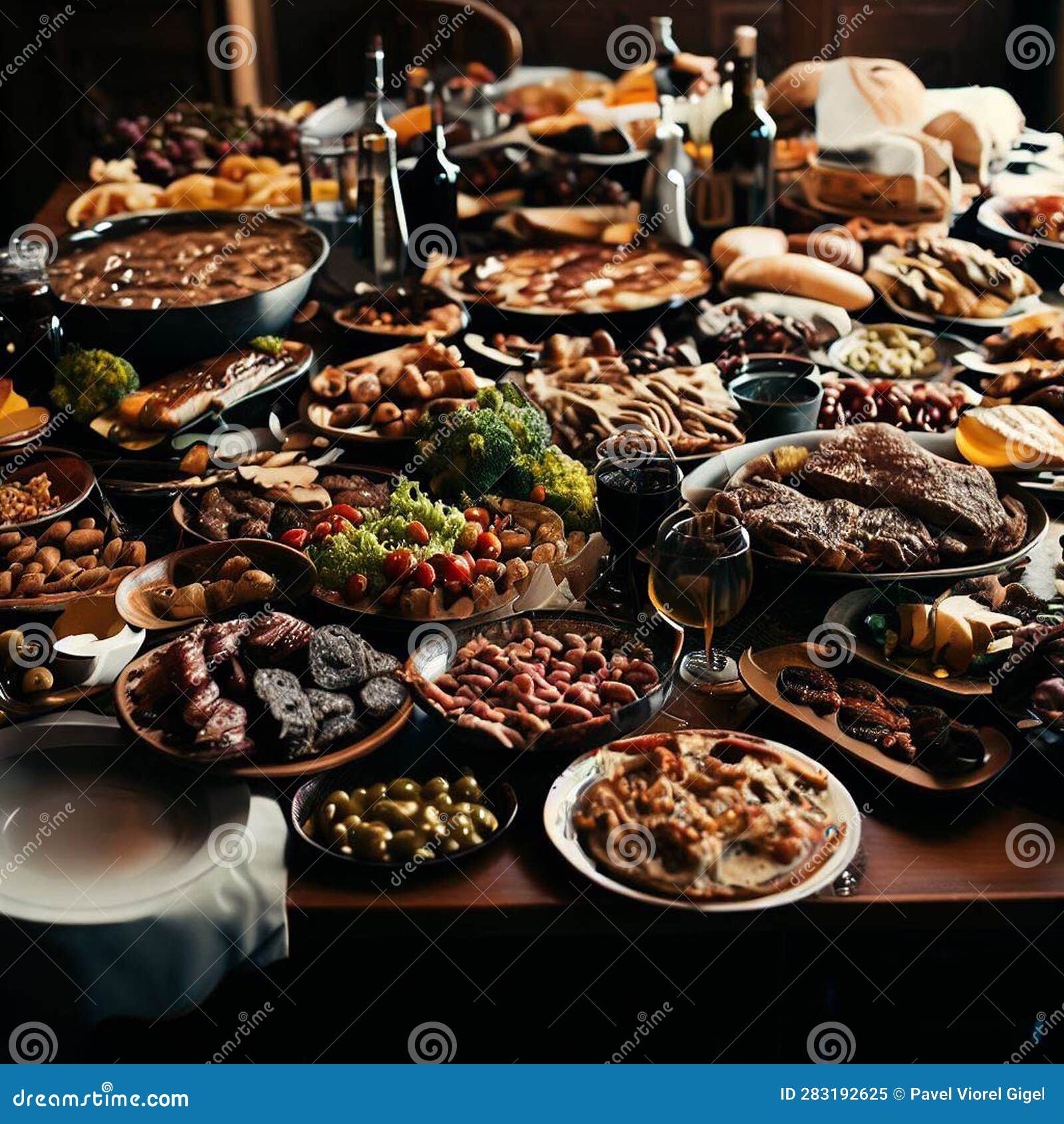 Table full of food stock illustration. Illustration of dinner - 283192625