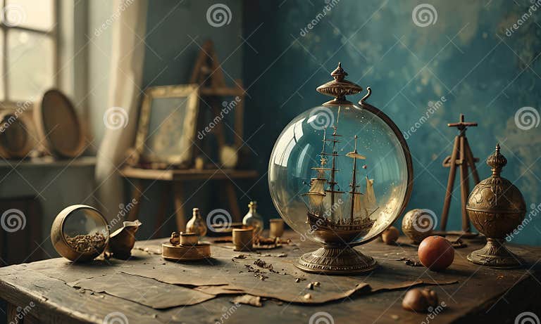 Table with Glass Globe and Ship Inside Stock Illustration - Illustration of decor, motif: 330596892