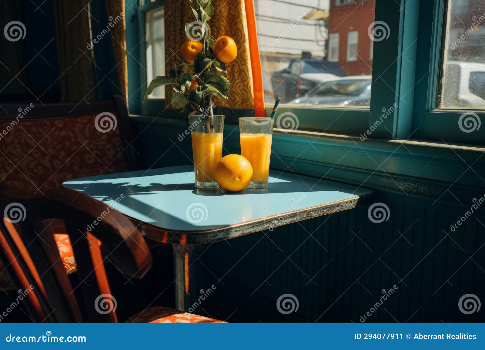 A Table with a Glass of Orange Juice and a Vase of Lemons Stock ...