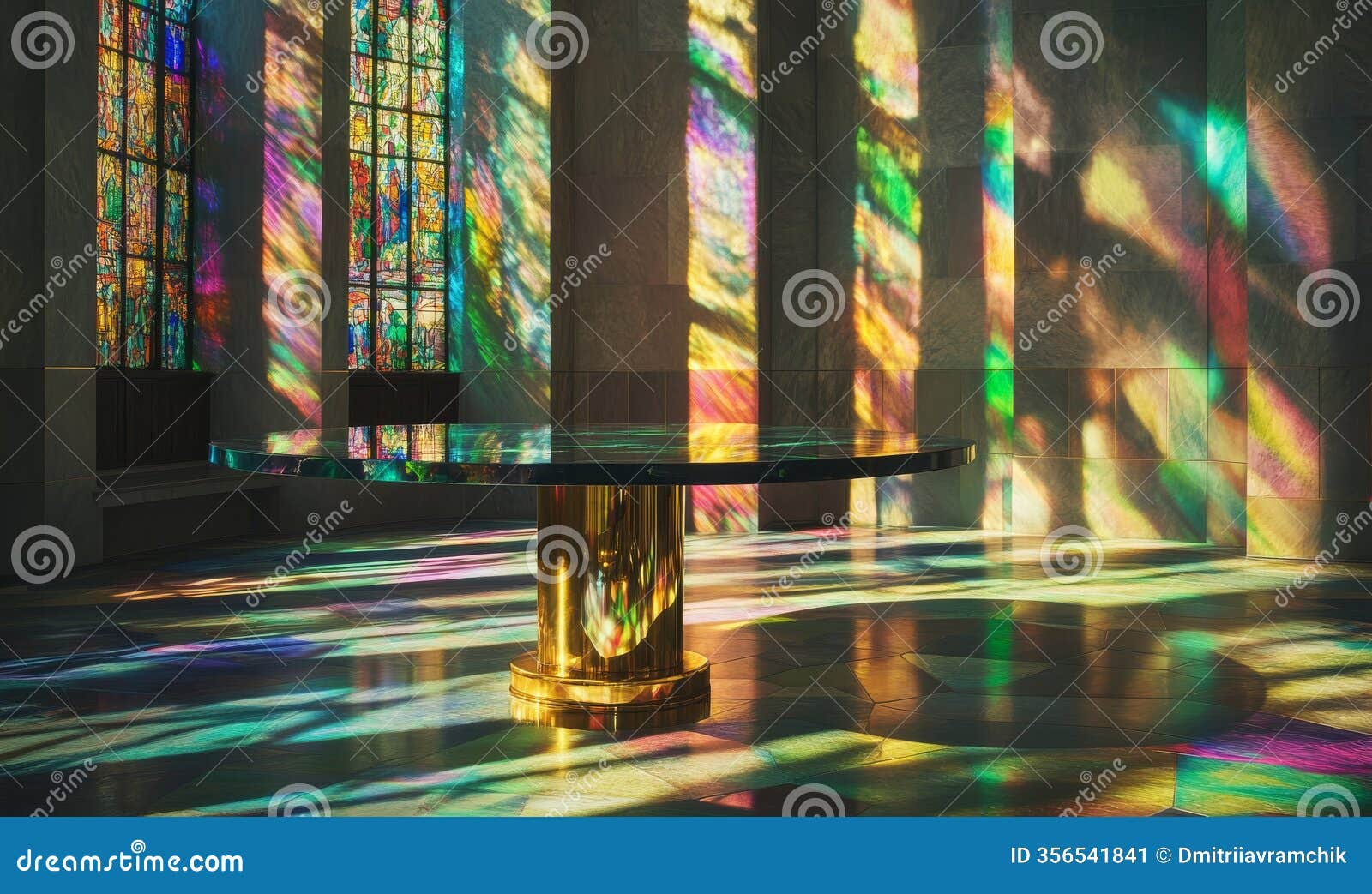 A Table in Gold, Light Beams in Various Colors, and a Gleaming Floor ...