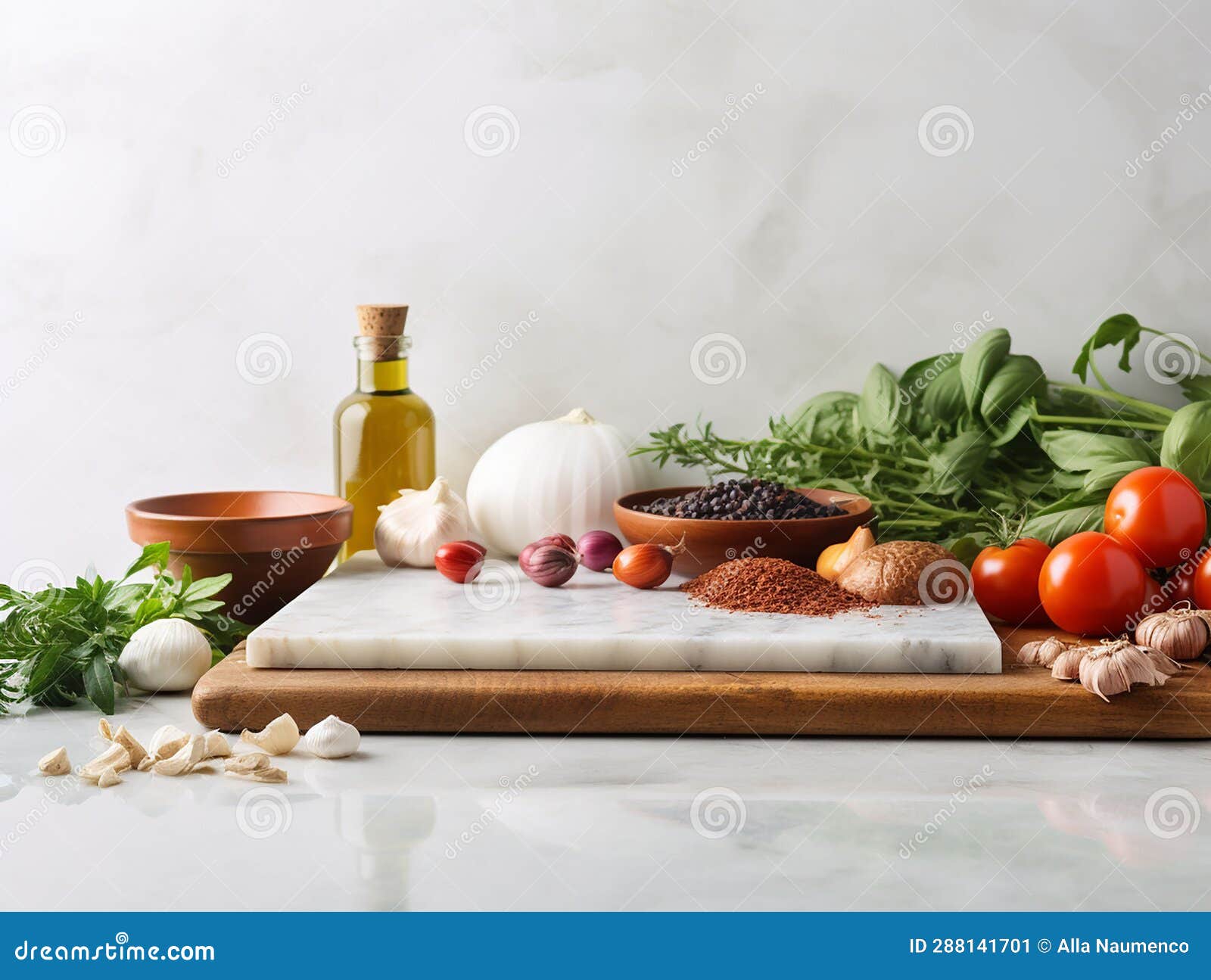 Ingredients for Cooking on Cutting Board. Light Background Stock ...