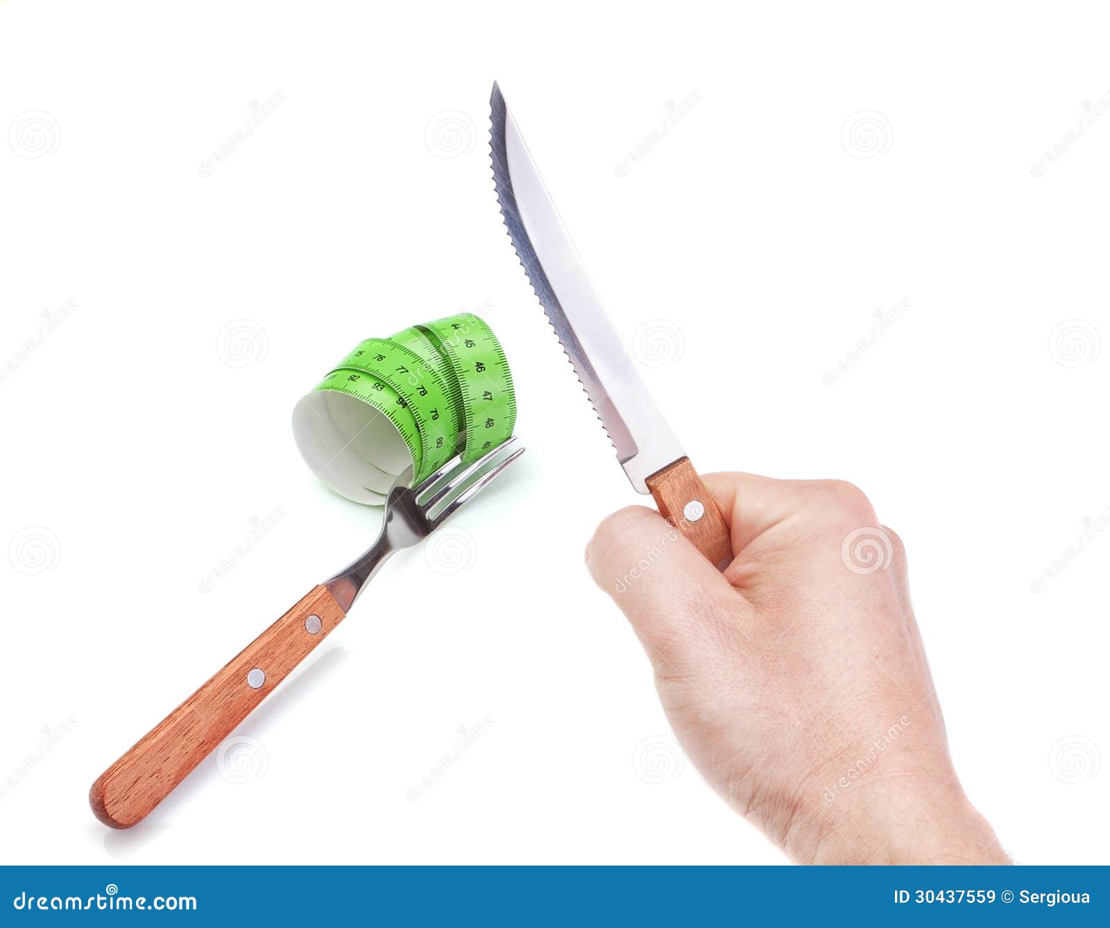 Table Knife in a Man S Hand and a Fork with Measuring Meter. Stock ...