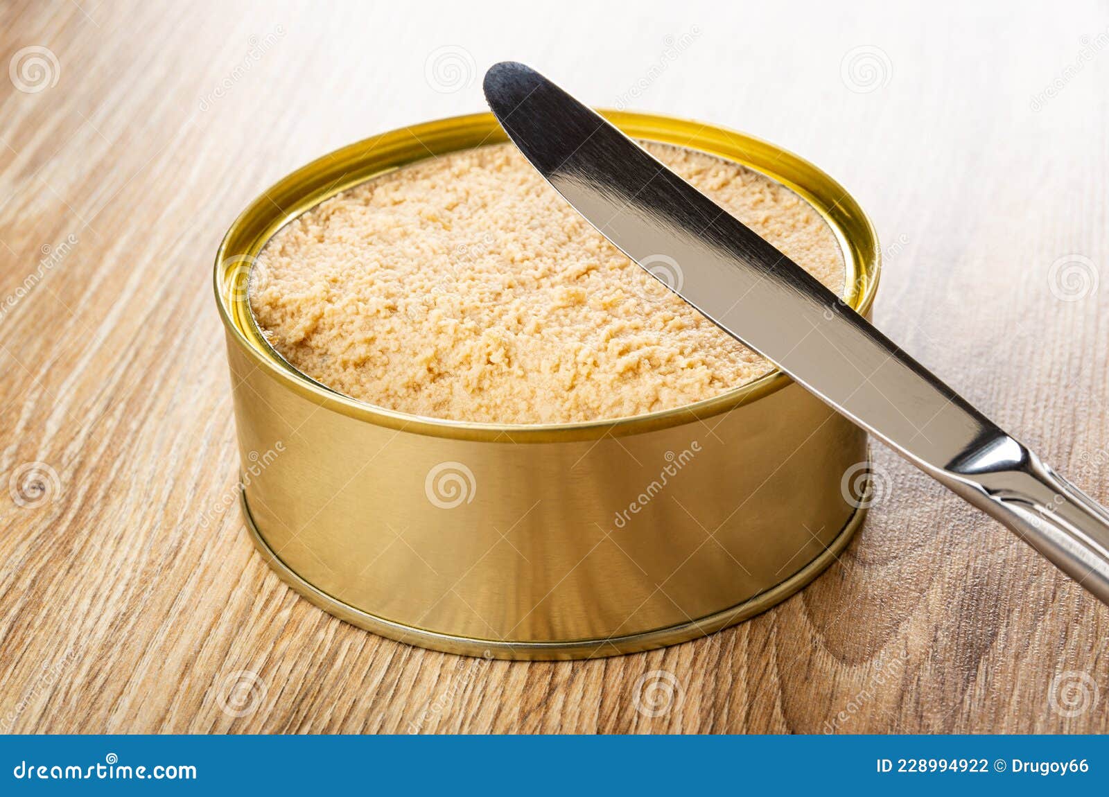 Knife on Opened Jar with Sterilized Cod Caviar on Wooden Table Stock ...