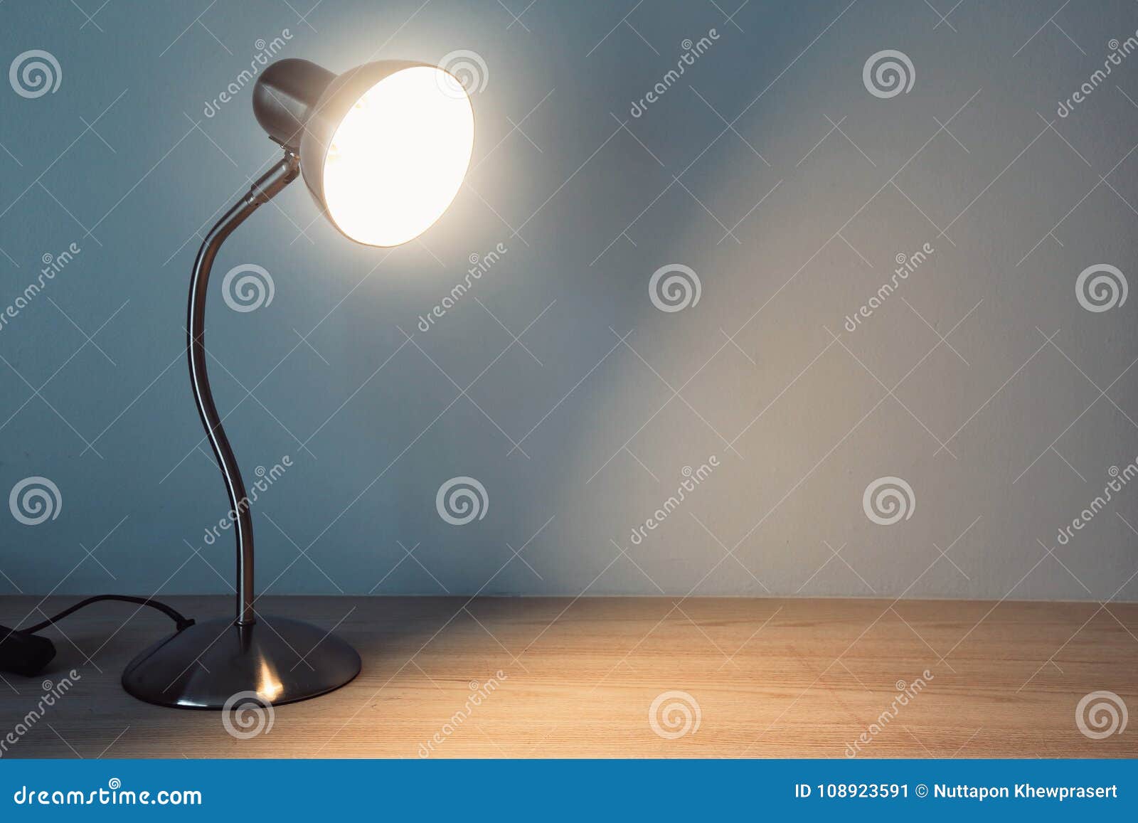 Table Lamp with Light-on on the Wooden Table in Vintage Style. Stock ...