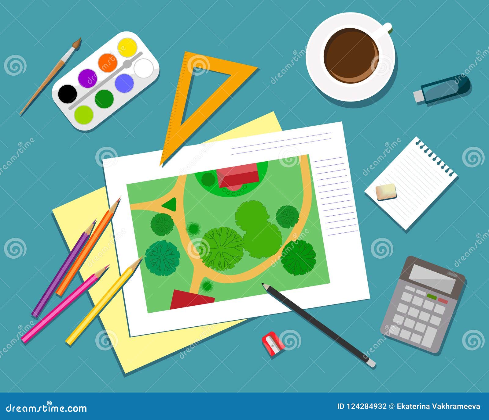 Table of the Landscape Designer with Working Material and Design, Top ...