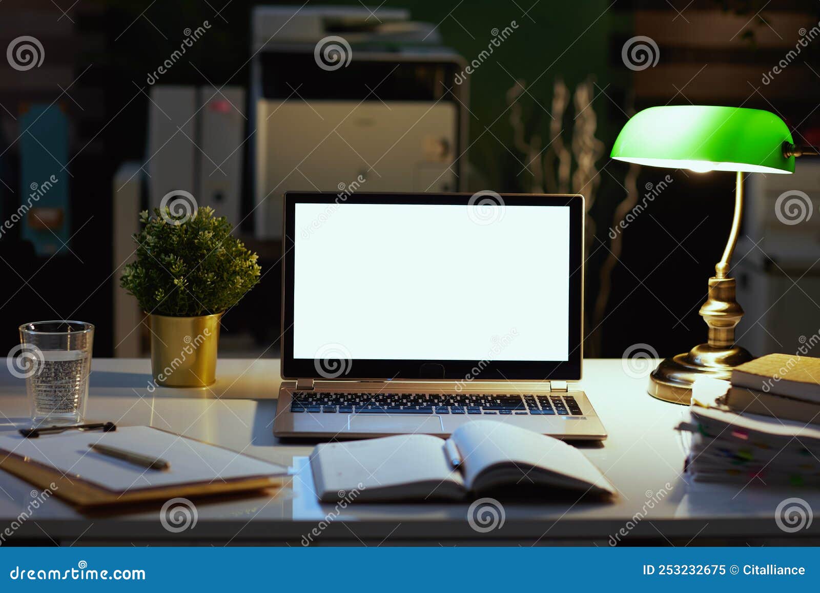 Table with Laptop, Notebook and Lamp in Modern Office Stock Image ...