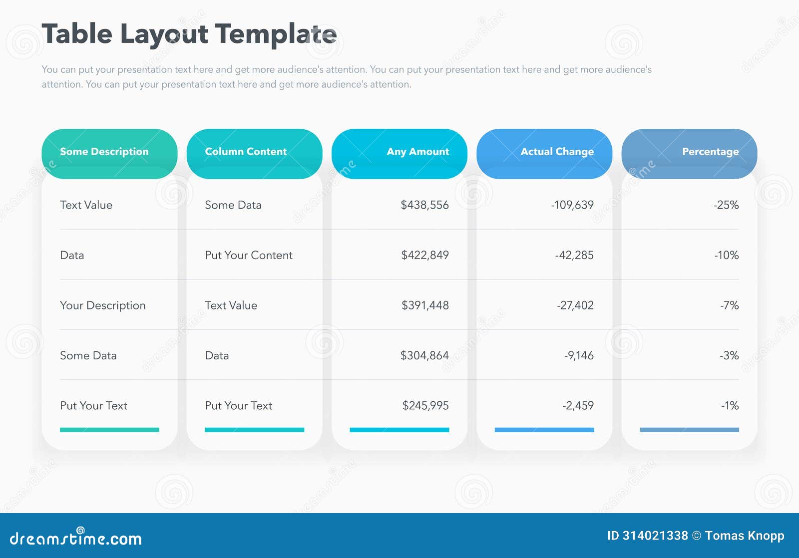 Table Layout Template with Five Colorful Columns Stock Vector ...