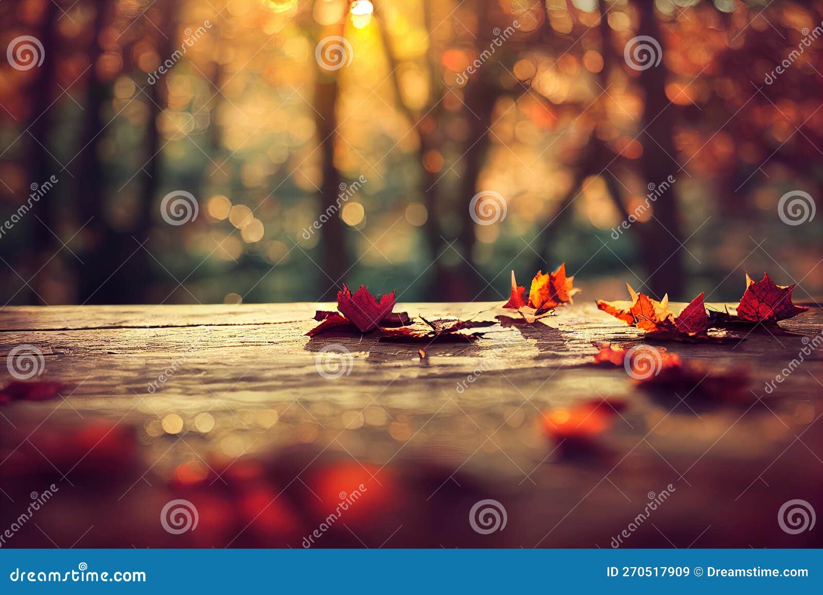 A Table with Leaves on it and a Forest in the Background with Sunlight ...