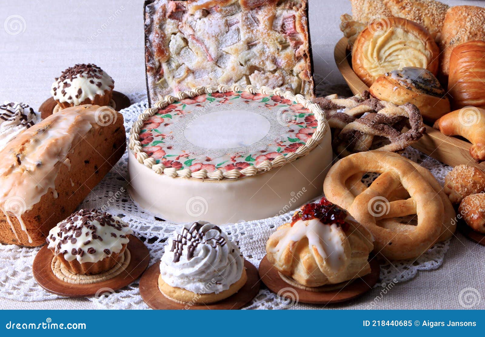 Table With Loads Of Cakes, Cupcakes And Pies. Cake Selection On White ...