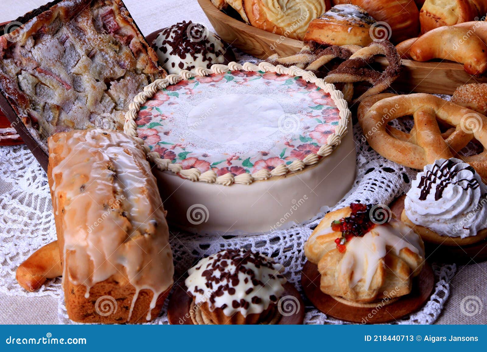 Table with Loads of Cakes, Cupcakes and Pies. Cake Selection on White ...