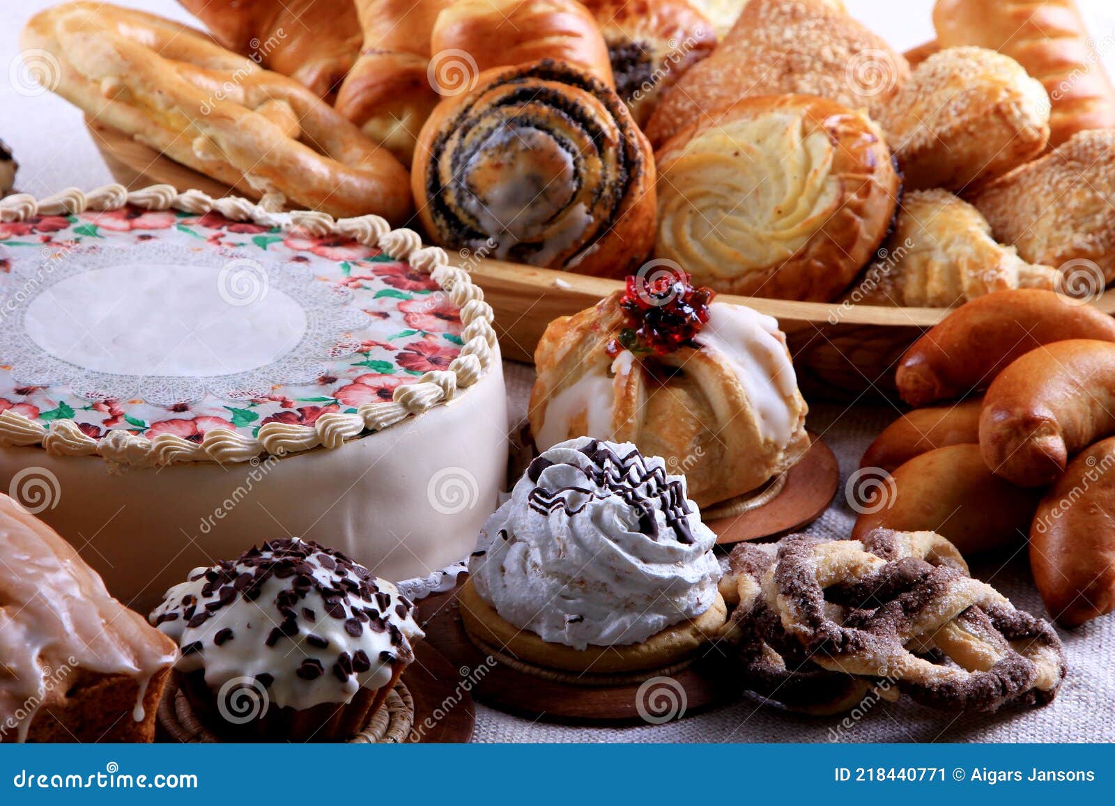 Table with Loads of Cakes, Cupcakes and Pies. Cake Selection on White ...