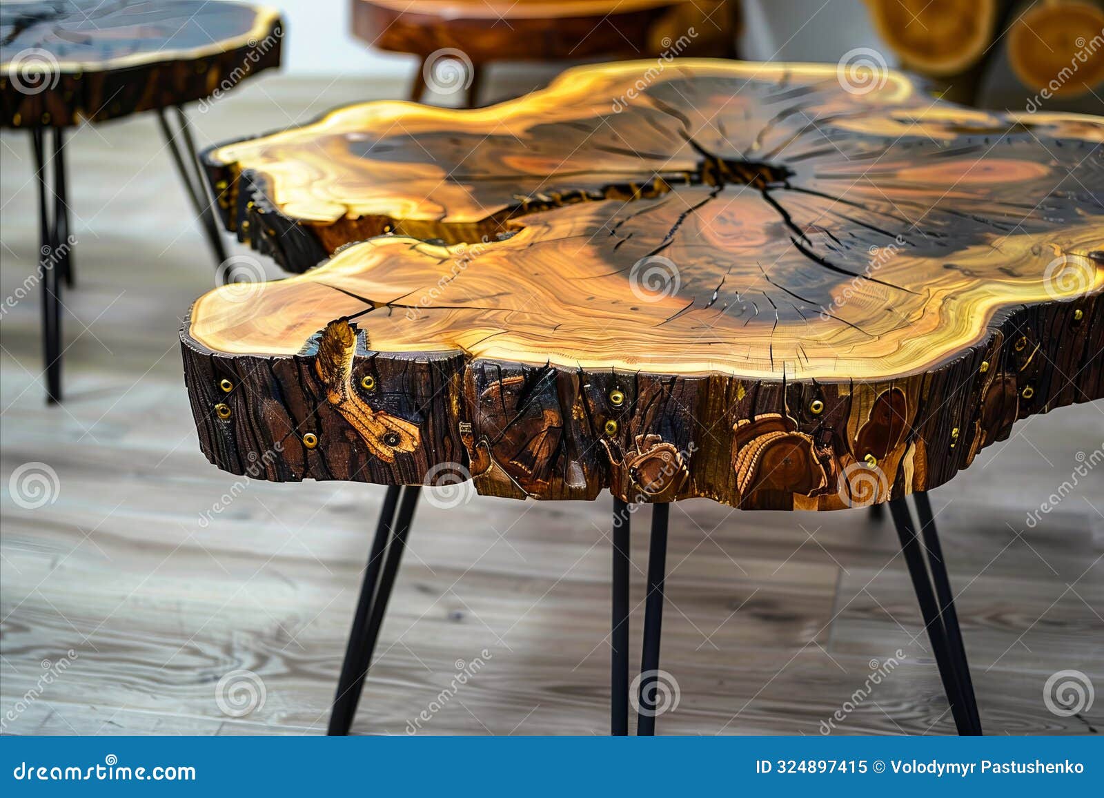 A Table Made from a Tree Stump with Metal Legs Stock Image - Image of ...