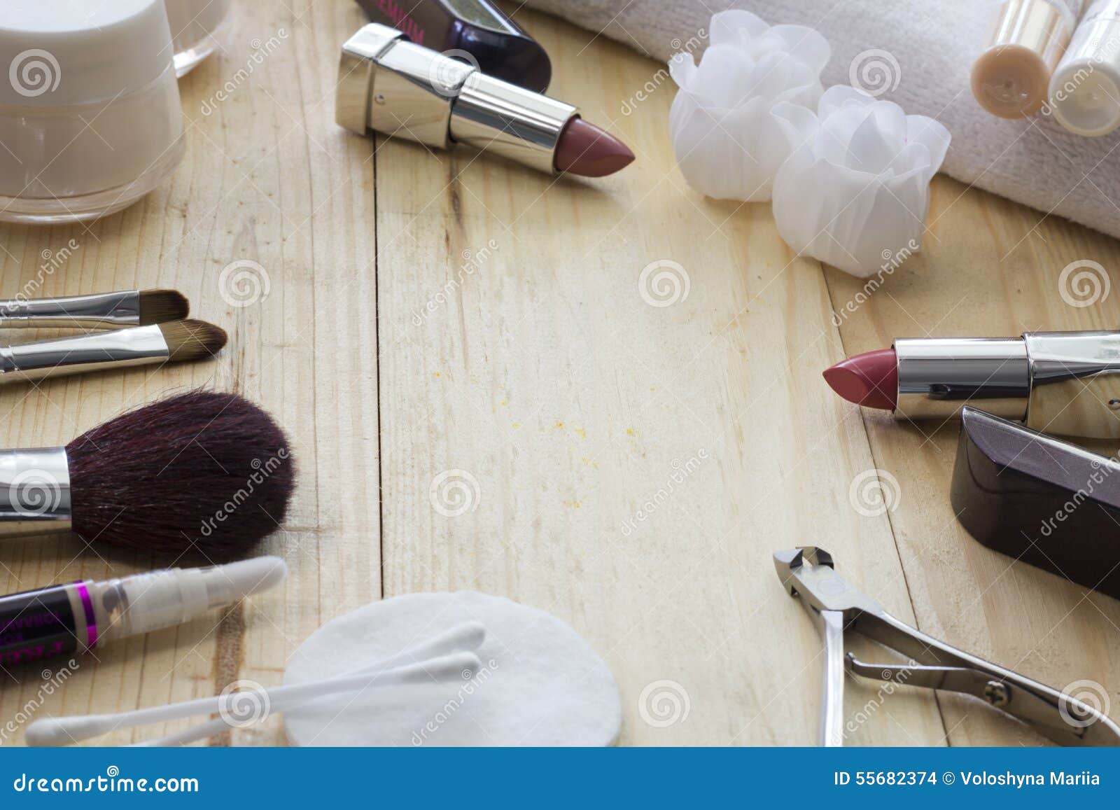 Table with Makeup , Brushes, Lipstick and Cream Stock Photo - Image of ...