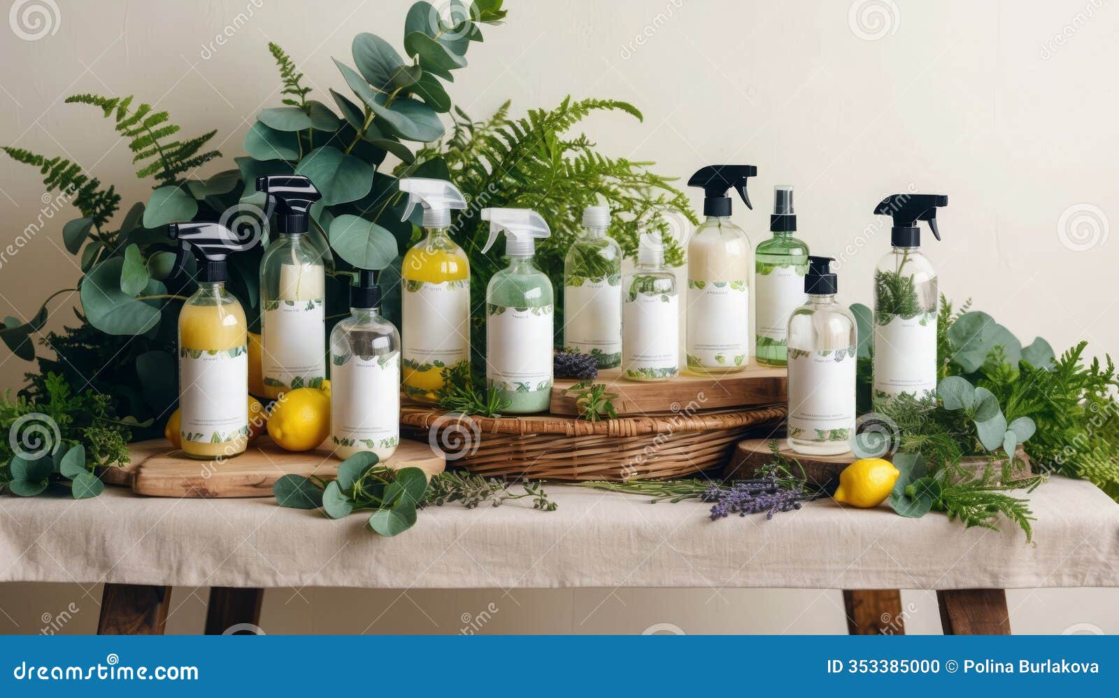 Table with Many Bottles, Lemon Juice. the Table is Covered in Greenery ...