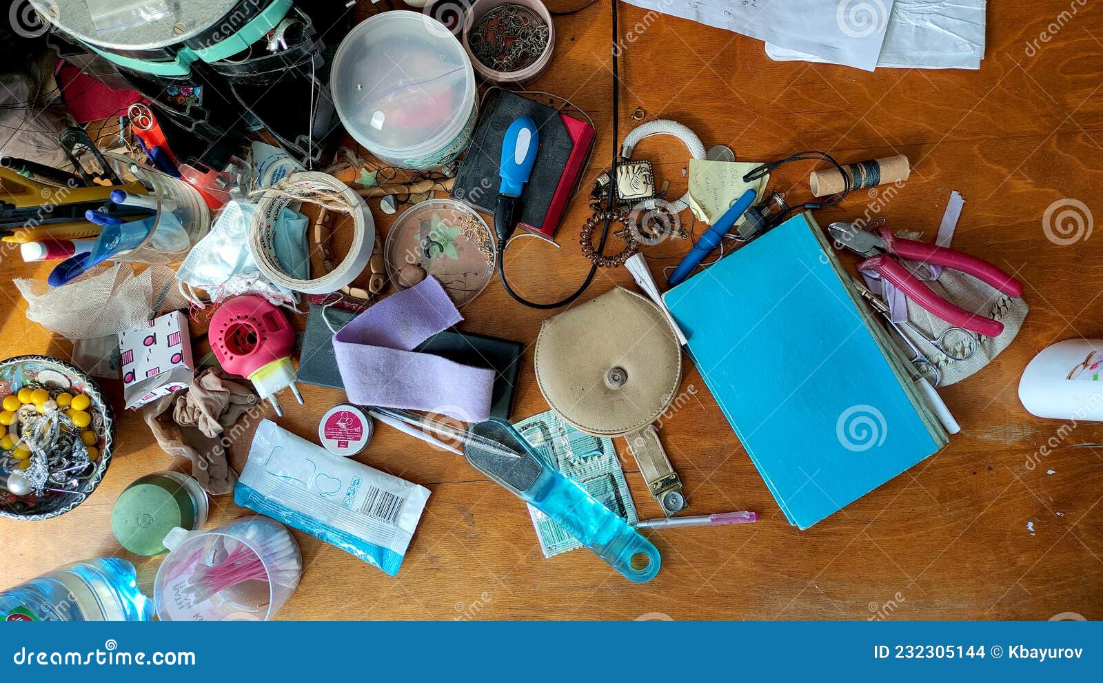 Table with Many Little Things and Objects Top View Stock Photo - Image ...