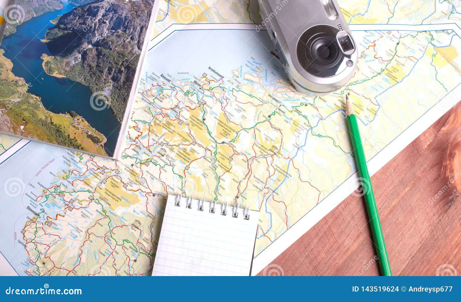 Table with Map, Camera, Travel Guide and Notepad Stock Photo - Image of ...