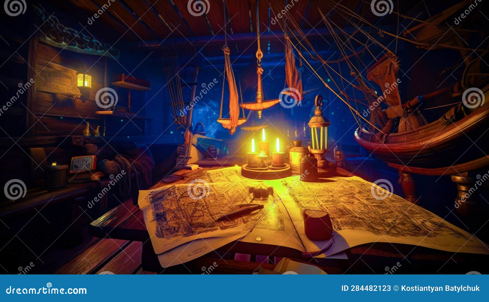 Table with Map, Candles and Pirate Ship in the Background. Generative ...