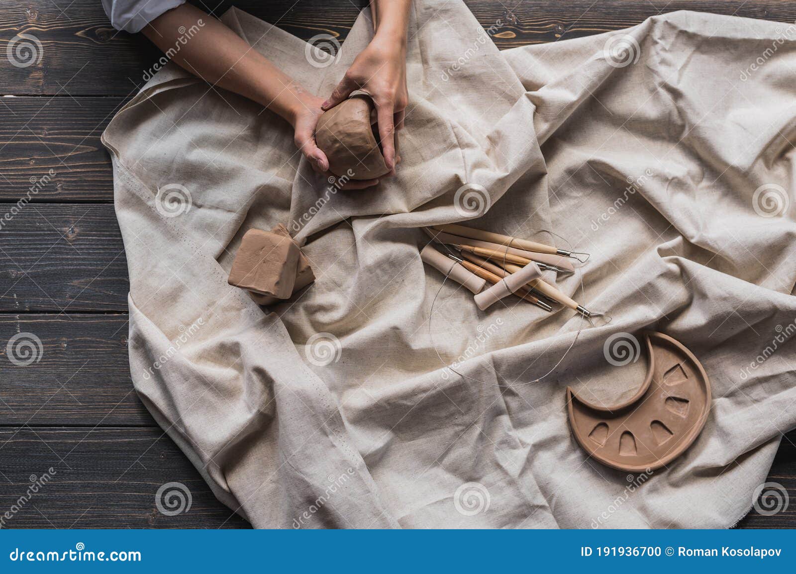 Table with Materials and Tools for Pottery Making Craftsperson ...