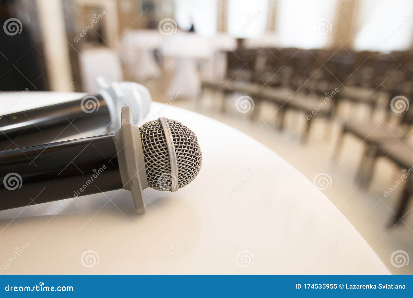 Table with microphones stock image. Image of empty, business - 174535955