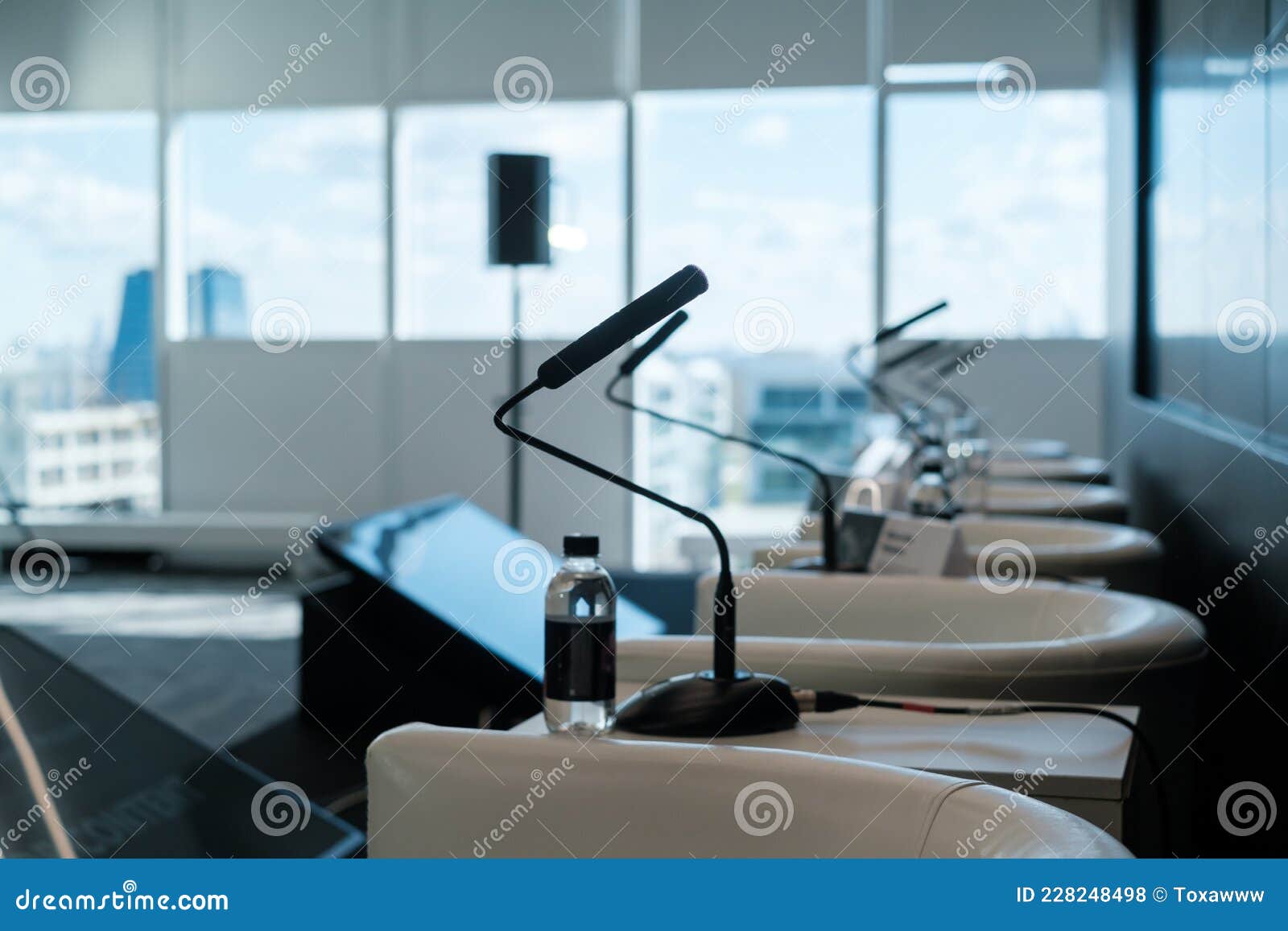 Table Microphones at Conference Hall Stock Photo - Image of speak ...
