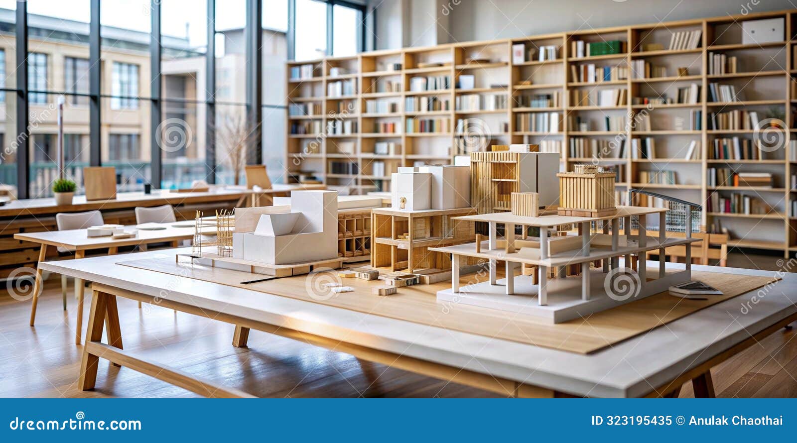 A Table with Models and Plans and a Library within an Architectural ...