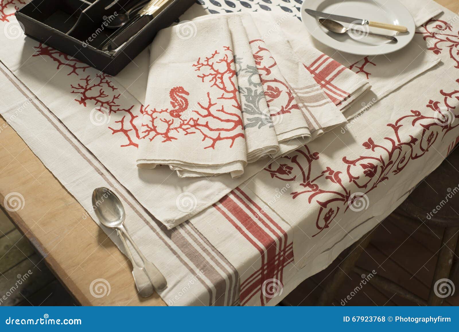 Table Napkins of Various Designs on Tablecloth of Various Design Stock ...