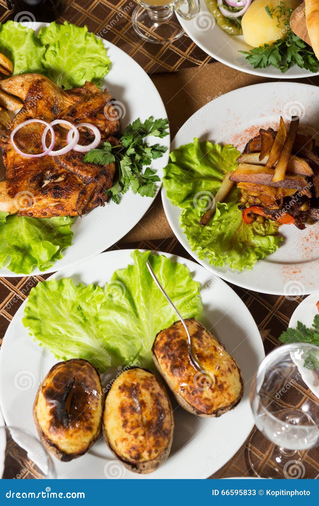 Table with Normal Food, Steaks and Potatoes. Stock Image - Image of ...