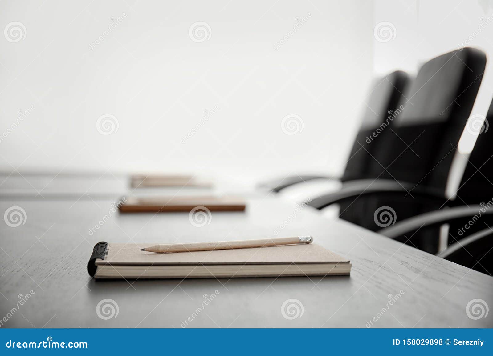 Table with Notebooks Prepared for Business Meeting in Conference Hall ...