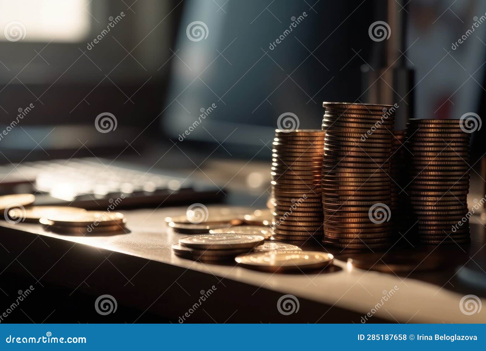 On the Table in the Office is a Stack of Coins and a Computer Stock ...