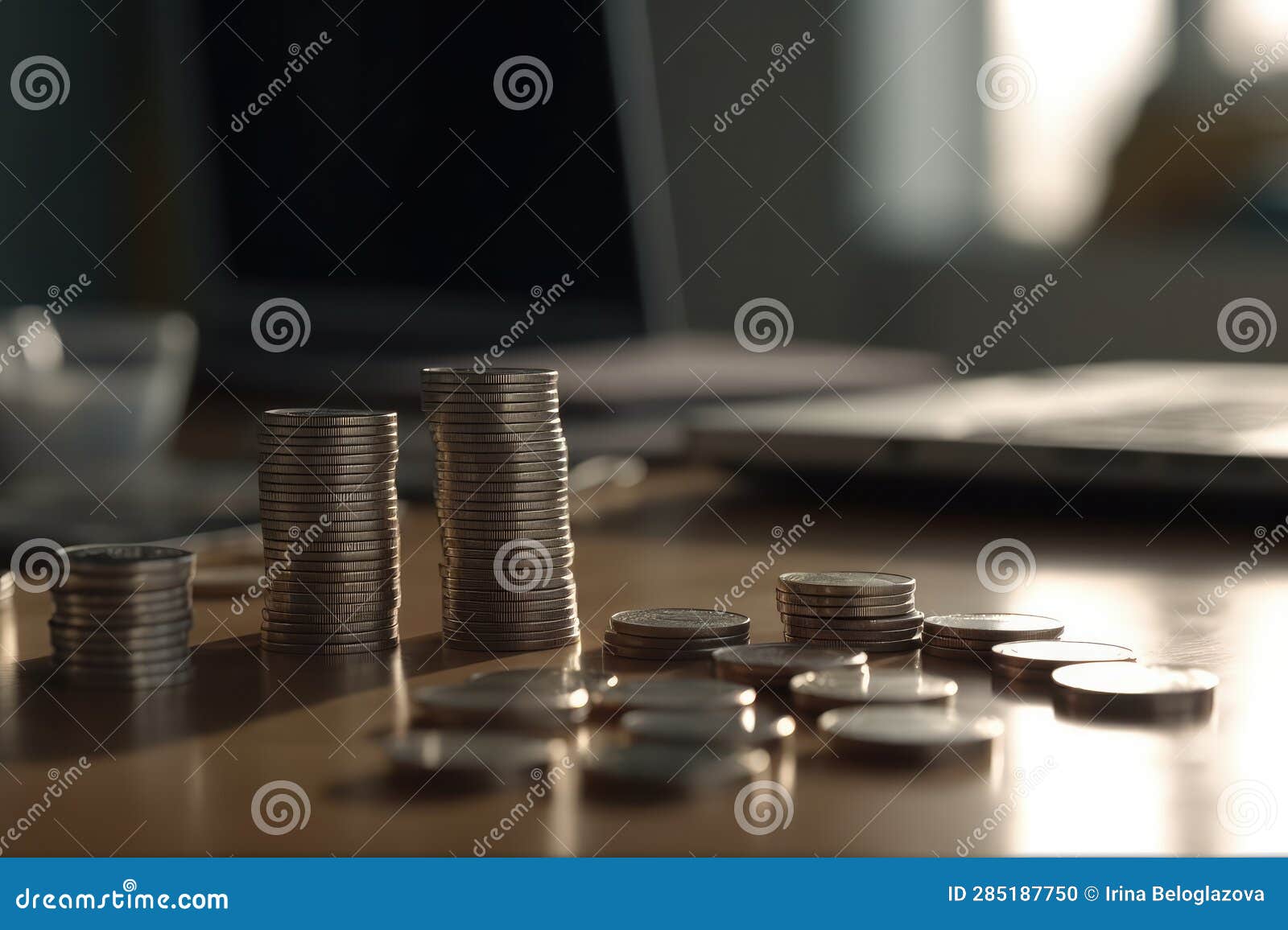 On the Table in the Office is a Stack of Coins and a Computer Stock ...