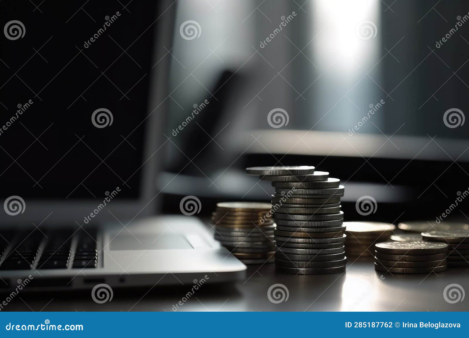 On the Table in the Office is a Stack of Coins and a Computer Stock ...