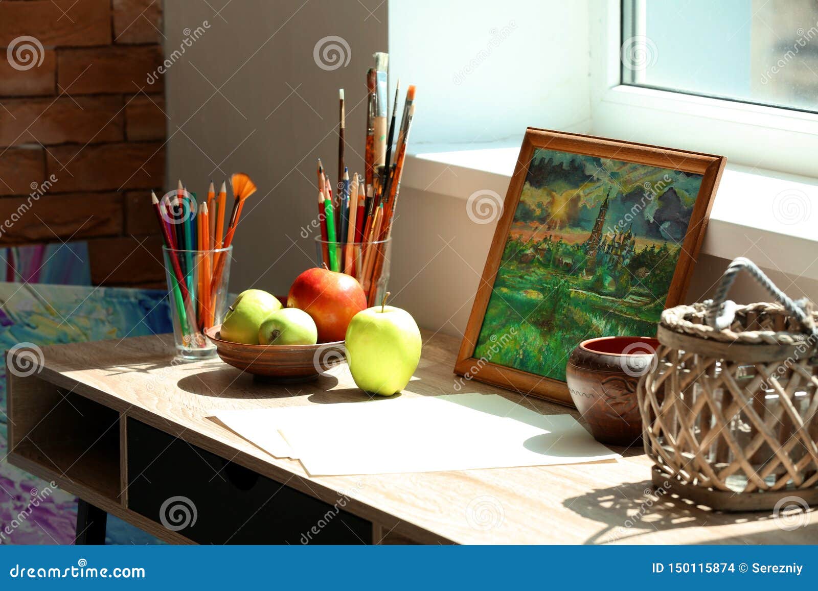 Table with Paint Tools, Picture and Tasty Apples in Artist S Workshop ...
