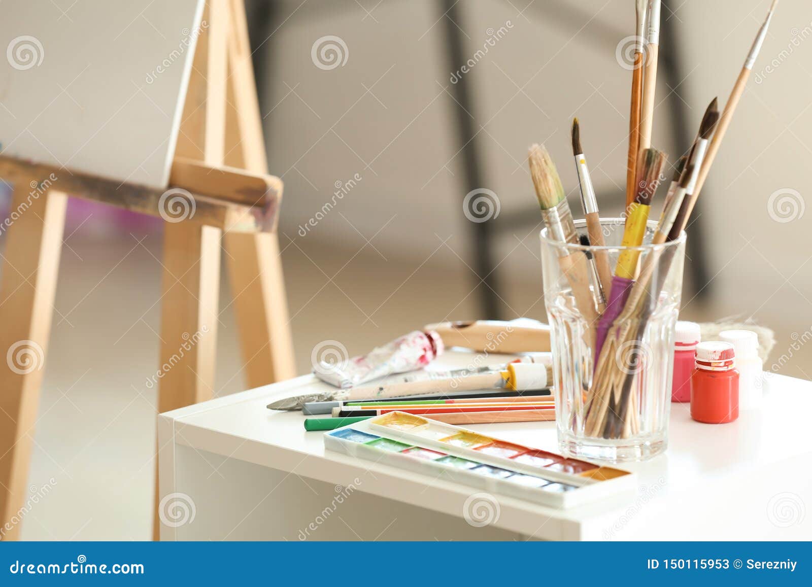 Table with Paints and Tools in Artist S Workshop Stock Image - Image of ...