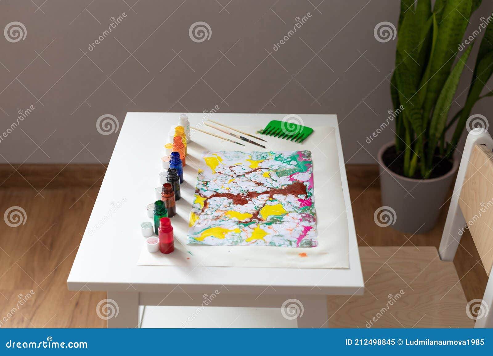 Table with Paints and Tools for Drawing in Ebru Technique Stock Image ...