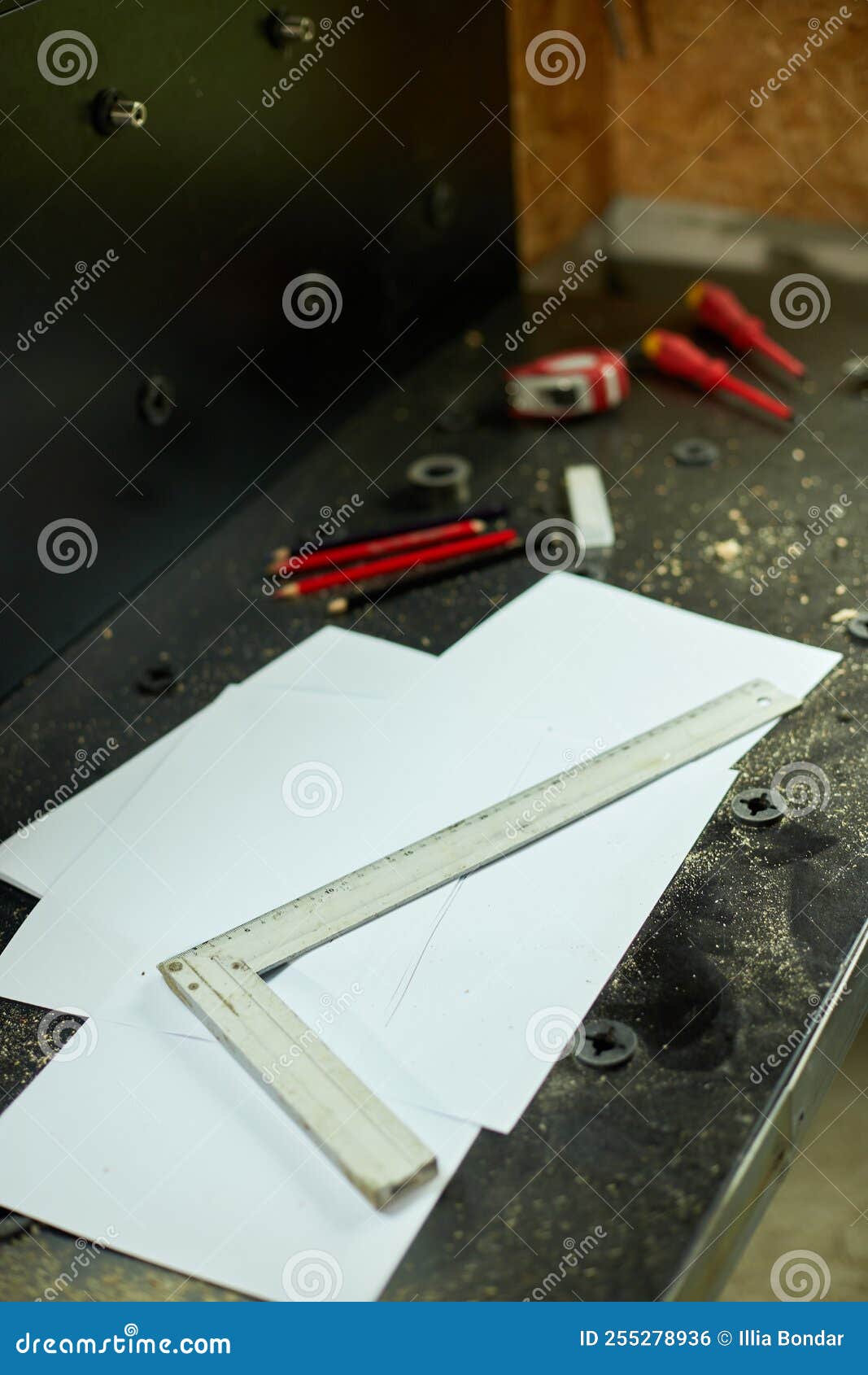 Table with Paper, Pencil, Ruler, Architect Draws Plan of New Apartment ...