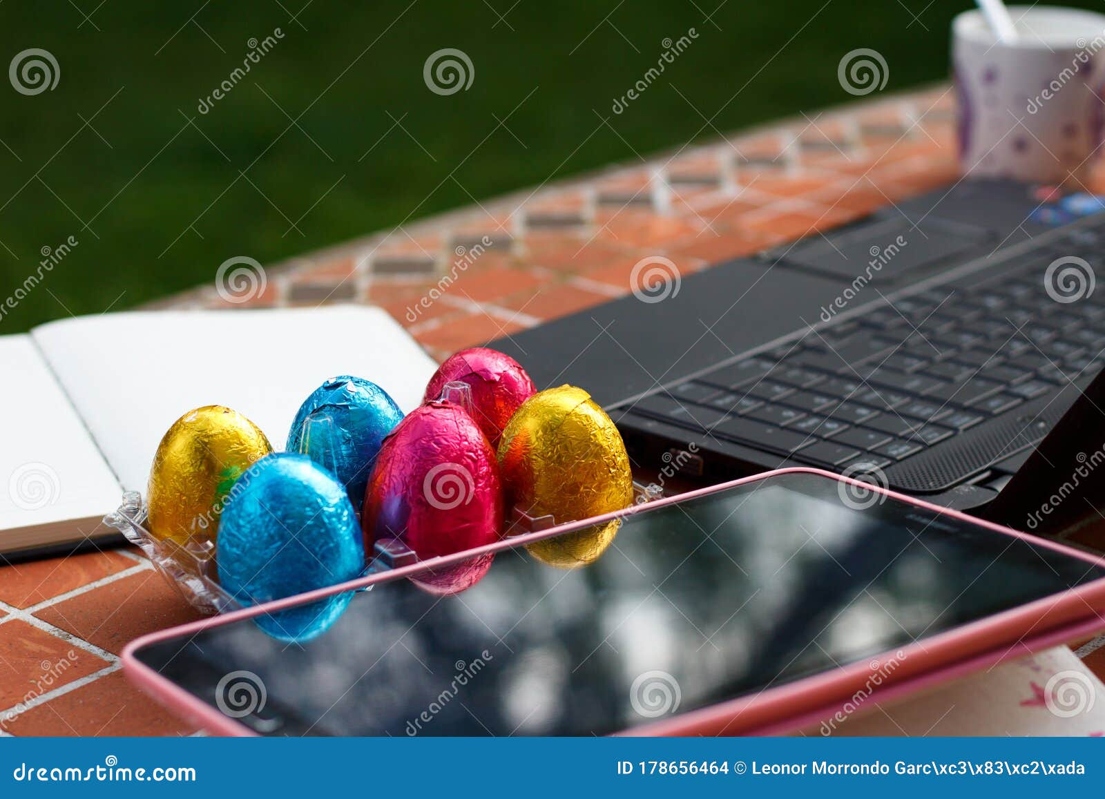 Table Photo with Easter Eggs Working from Home by Covid-19. Stock Photo ...