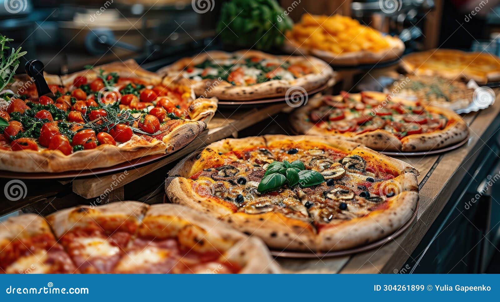 A Table of Pizzas and Other Italian Food on the Counter Stock Image ...