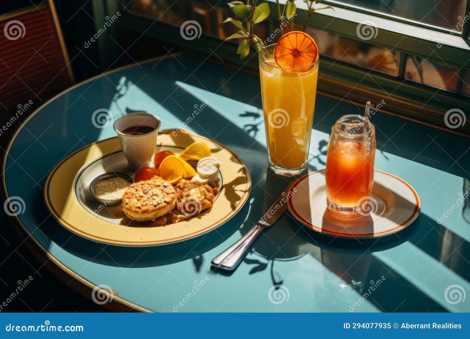 A Table with a Plate of Food on it and a Drink in Front of a Window ...